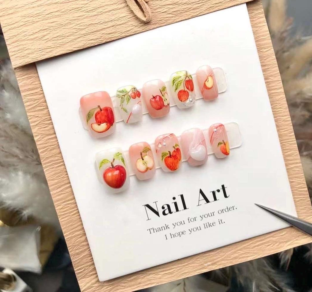 3D Fall Apples Press on Nails, Hand Madegel Fake Nails, Cute Colorful ...