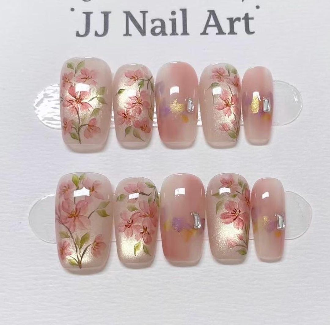 Spring Flowers Hand Painted Press on Nails: Custom Shape Reusable Nail ...