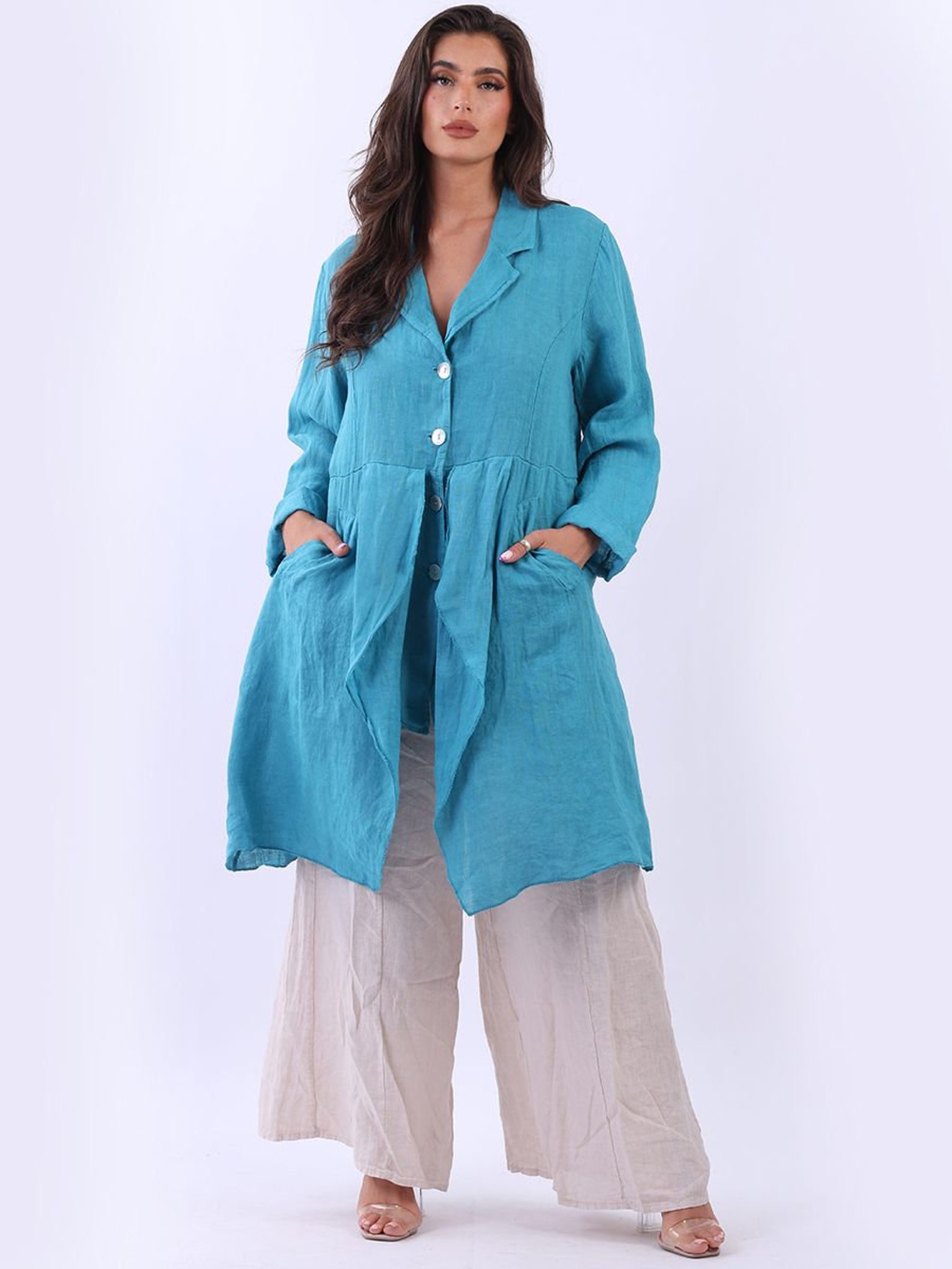 Plus Size Italian Linen Ruffle Long Jacket With Notch Lapel Collar ...