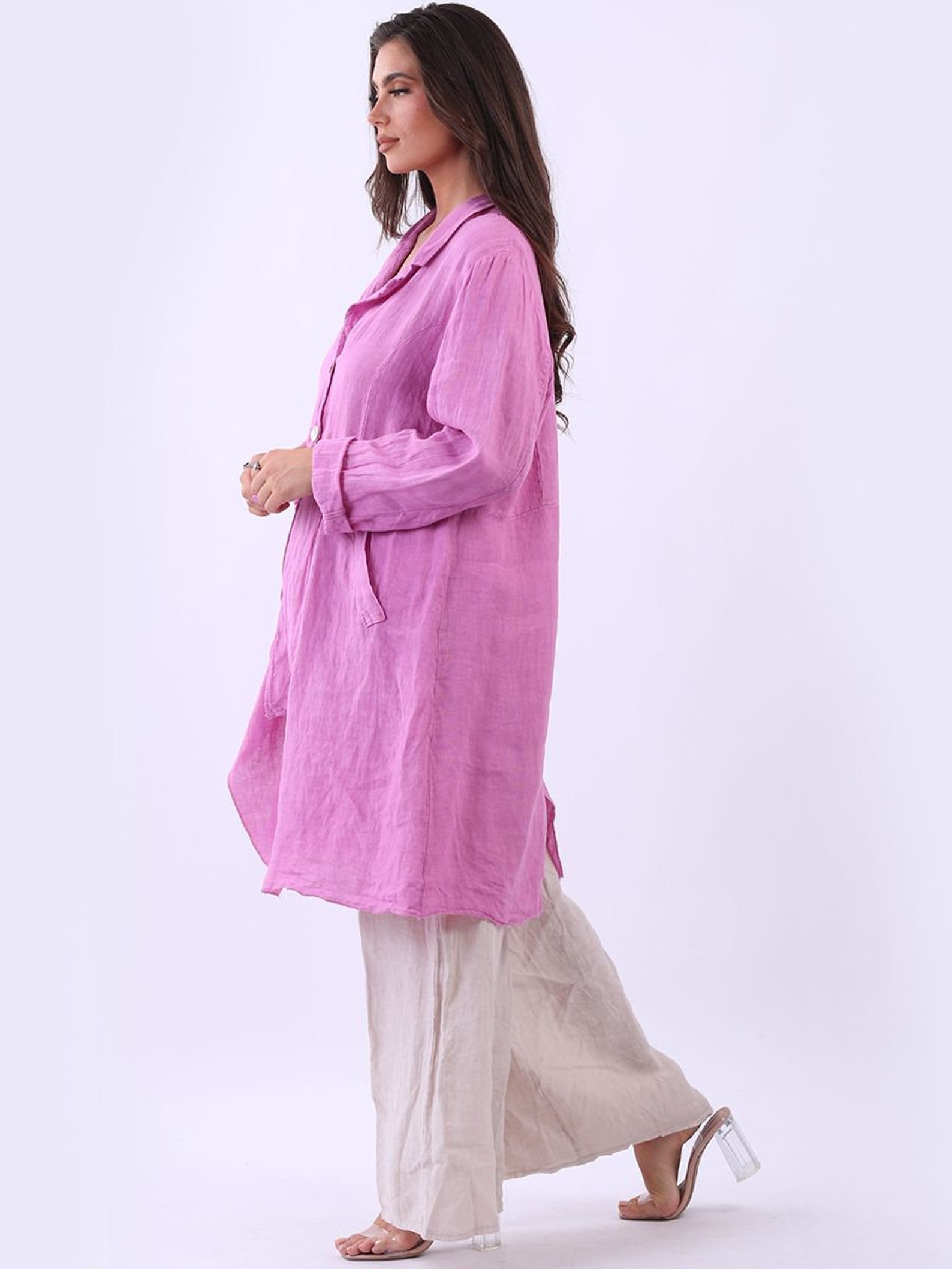 Plus Size Italian Linen Ruffle Long Jacket With Notch Lapel Collar ...