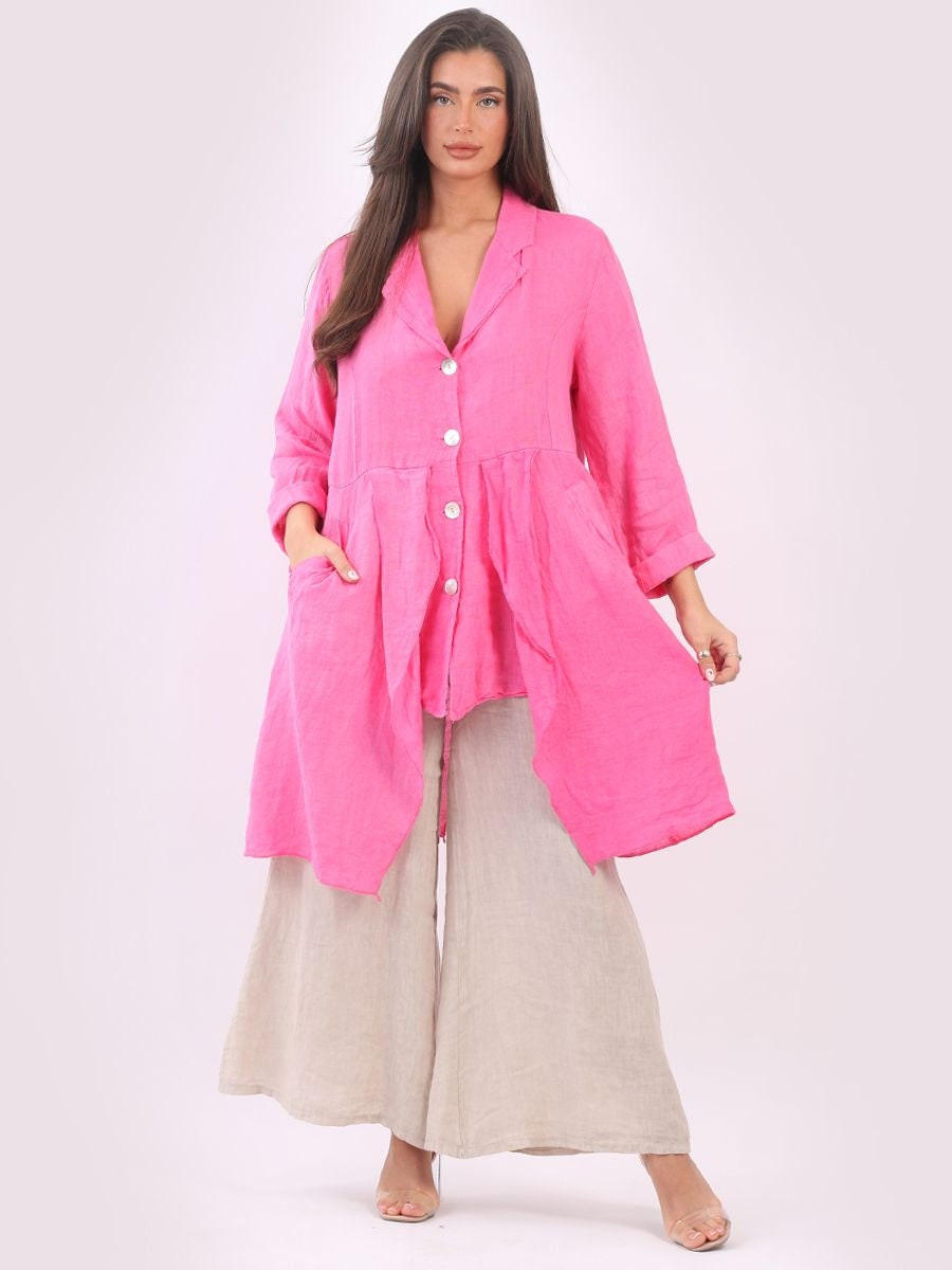 Plus Size Italian Linen Ruffle Long Jacket With Notch Lapel Collar ...