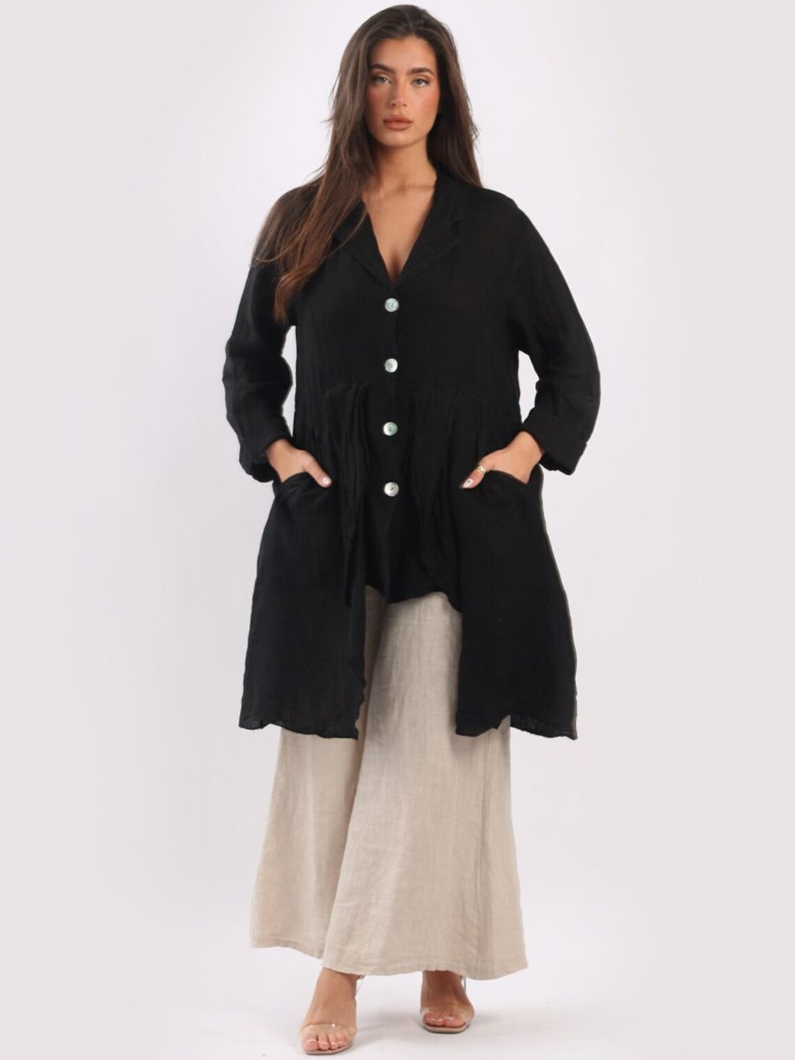 Plus Size Italian Linen Ruffle Long Jacket With Notch Lapel Collar ...