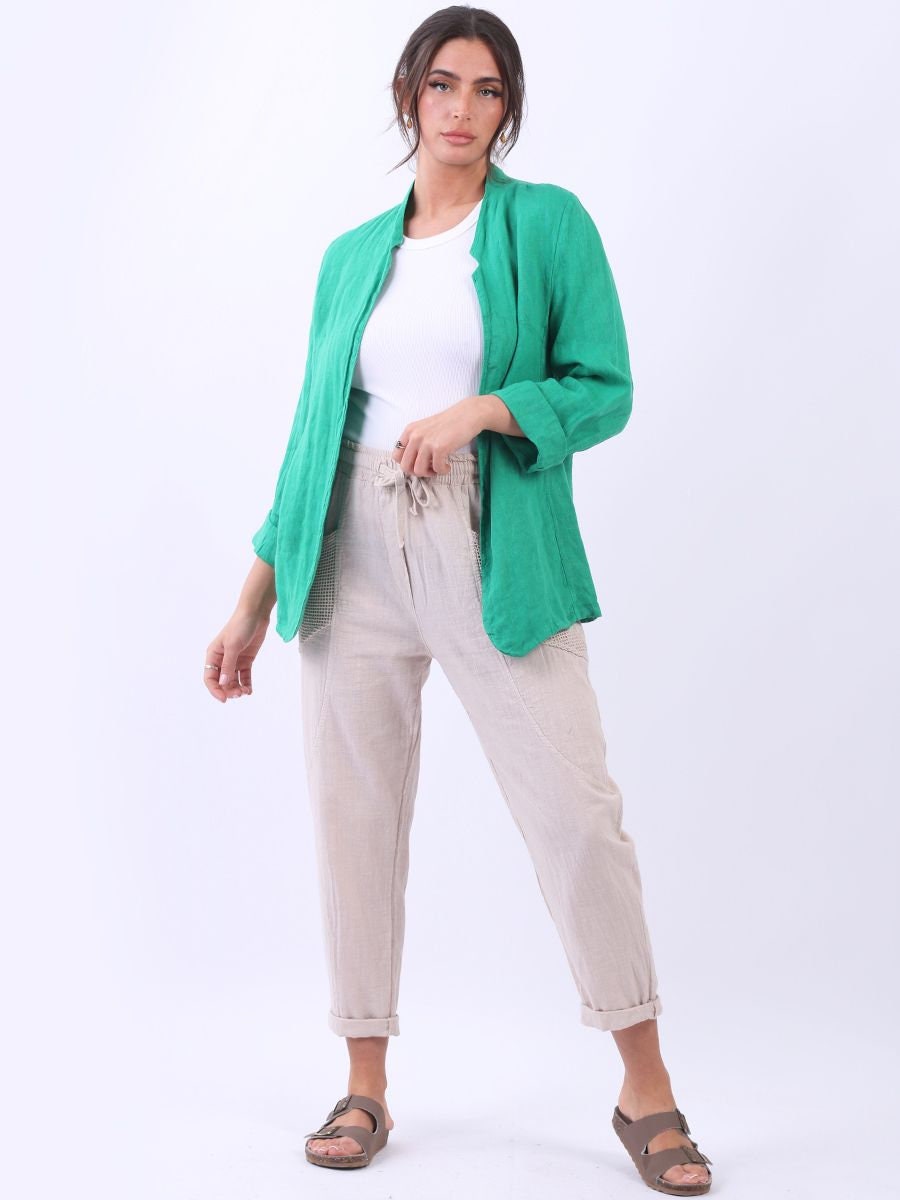 Italian Women's Open Front Linen Jacket With Collarless Neckline and ...