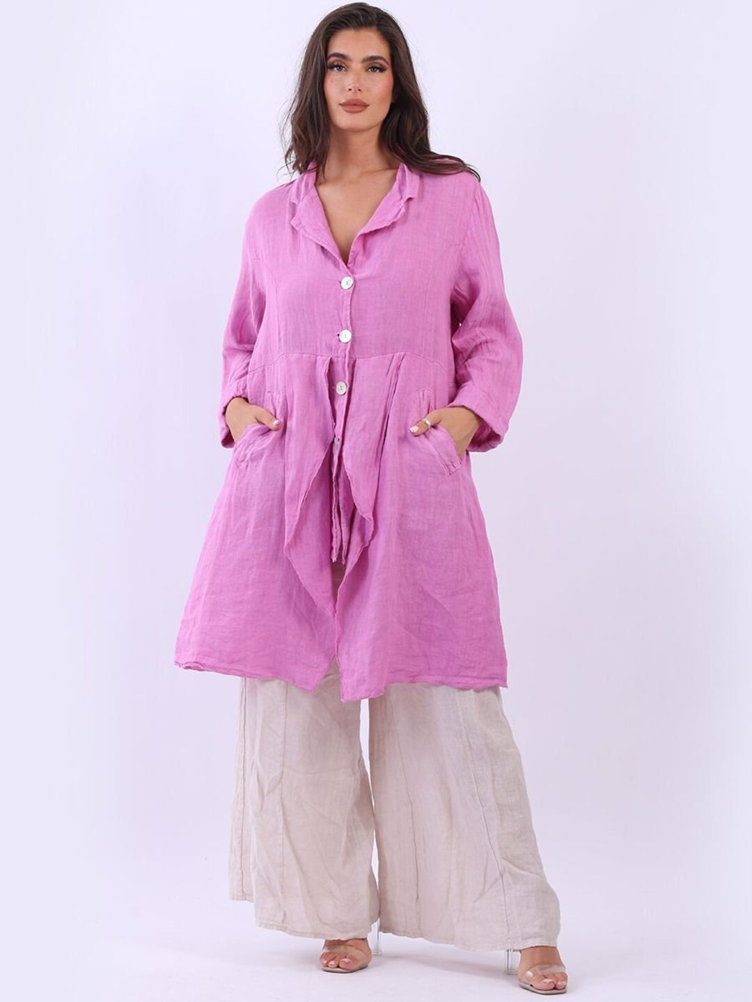 Plus Size Italian Linen Ruffle Long Jacket With Notch Lapel Collar ...