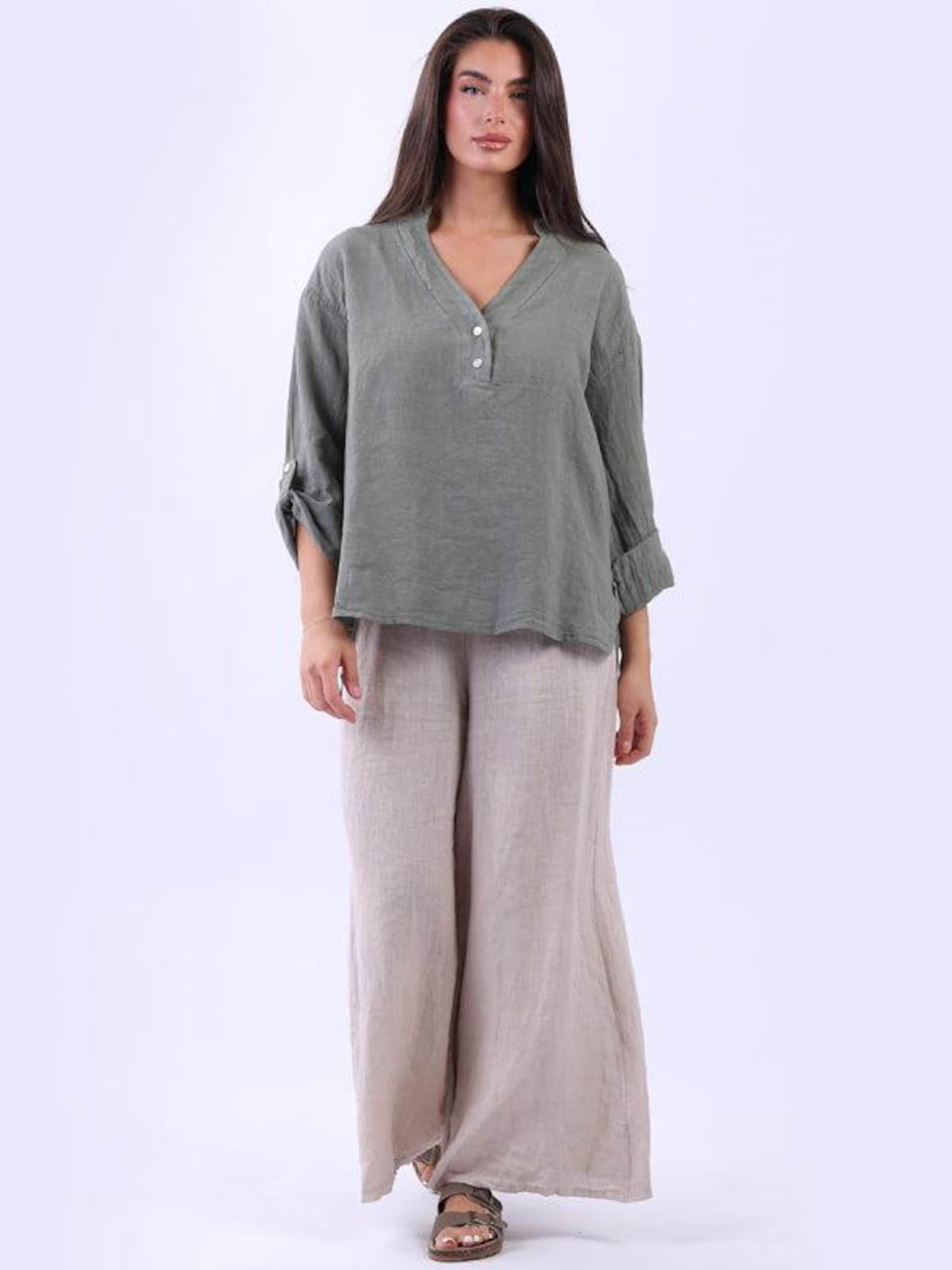 Ladies Plain Linen Baggy Fit Italian Top With Buttoned Plackets, One ...