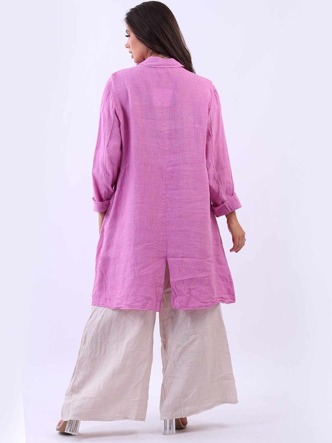 Plus Size Italian Linen Ruffle Long Jacket With Notch Lapel Collar ...