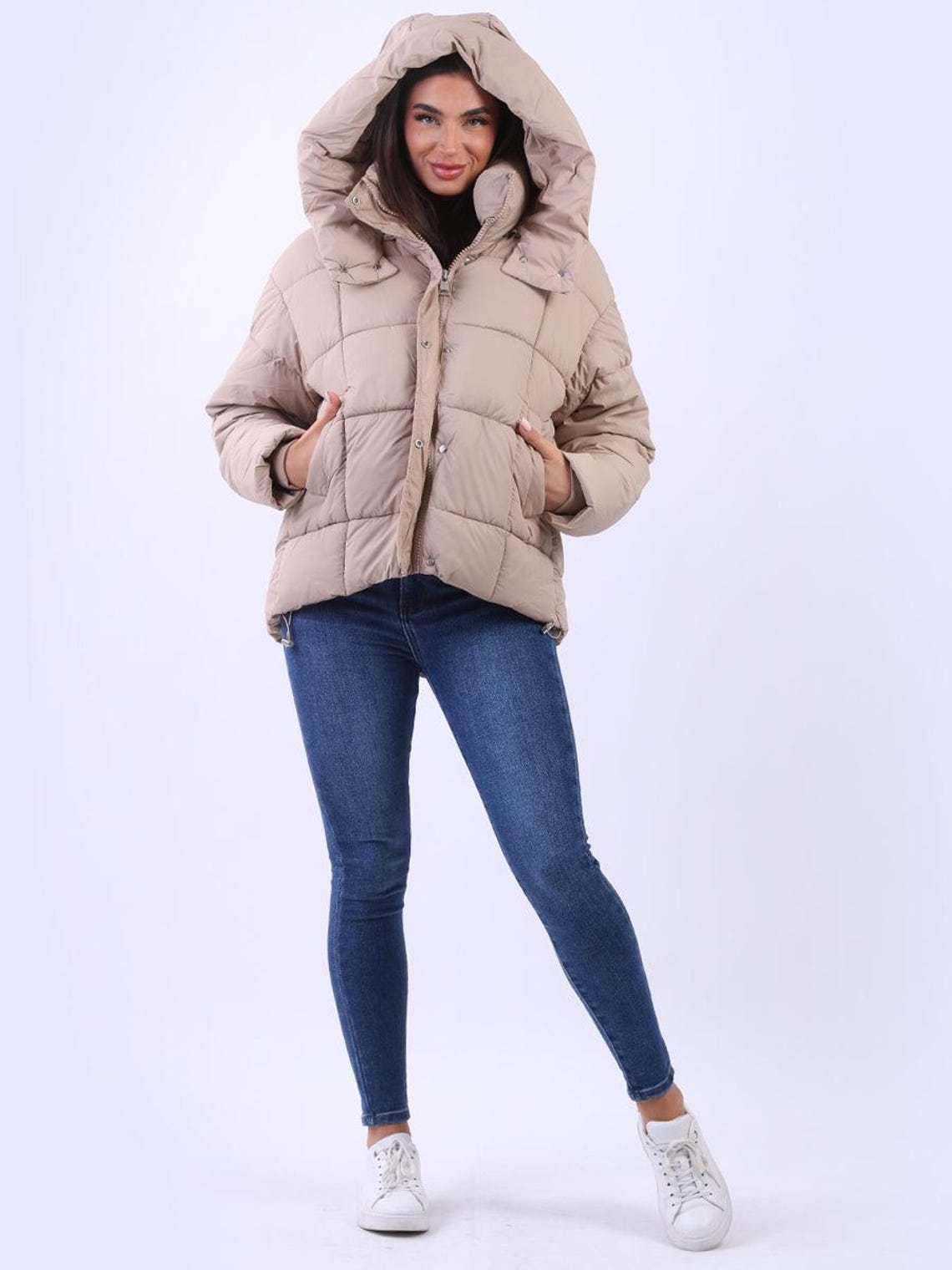 Italian Oversize Puffer Quilted Women Hoodie Jacket With Front Button ...