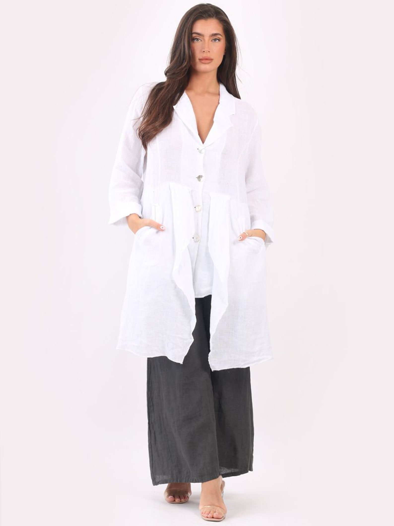Plus Size Italian Linen Ruffle Long Jacket With Notch Lapel Collar ...