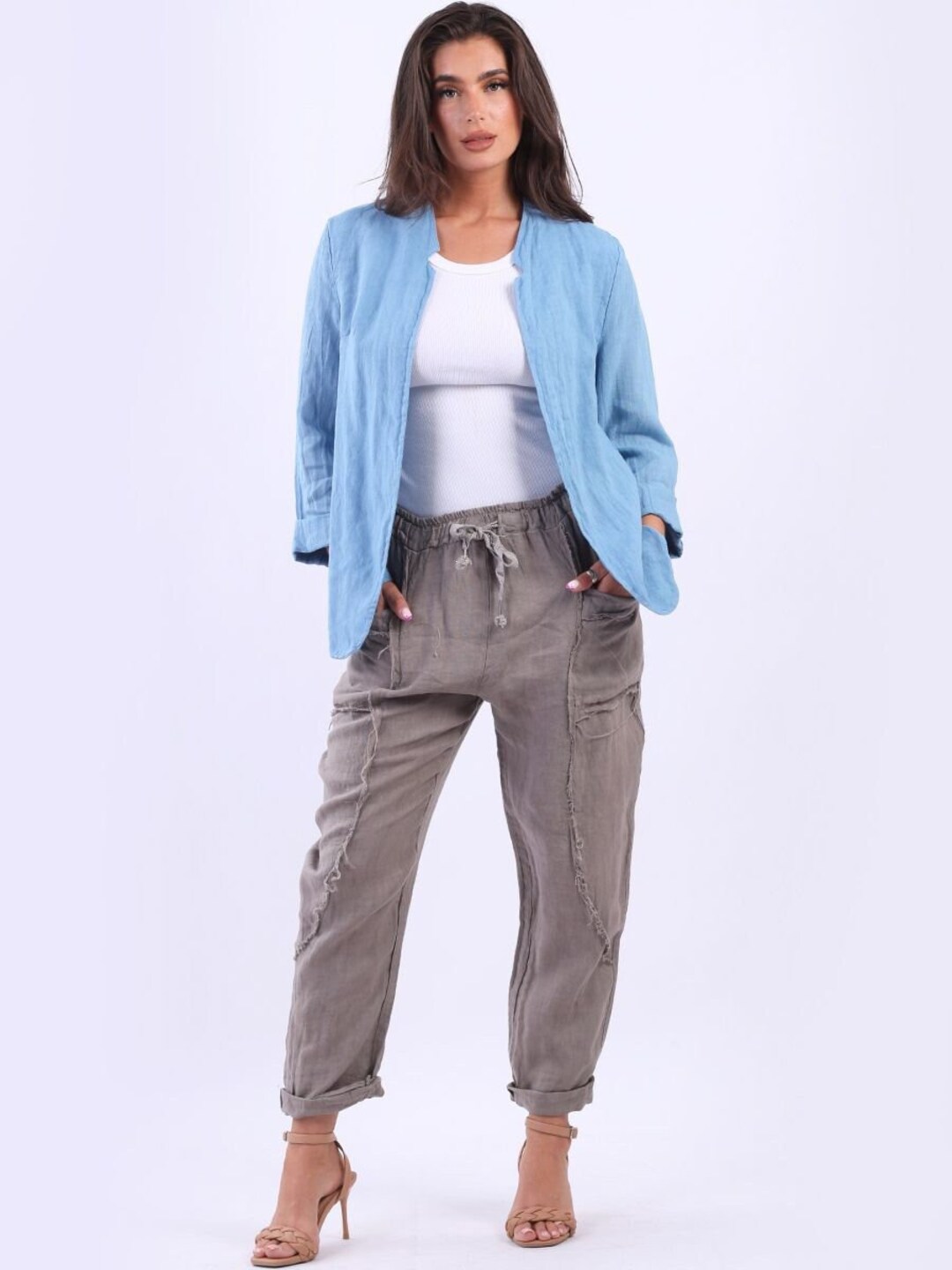 Italian Women's Open Front Linen Jacket With Collarless Neckline and ...