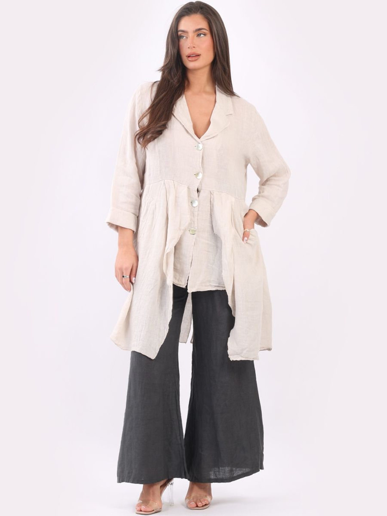 Plus Size Italian Linen Ruffle Long Jacket With Notch Lapel Collar ...