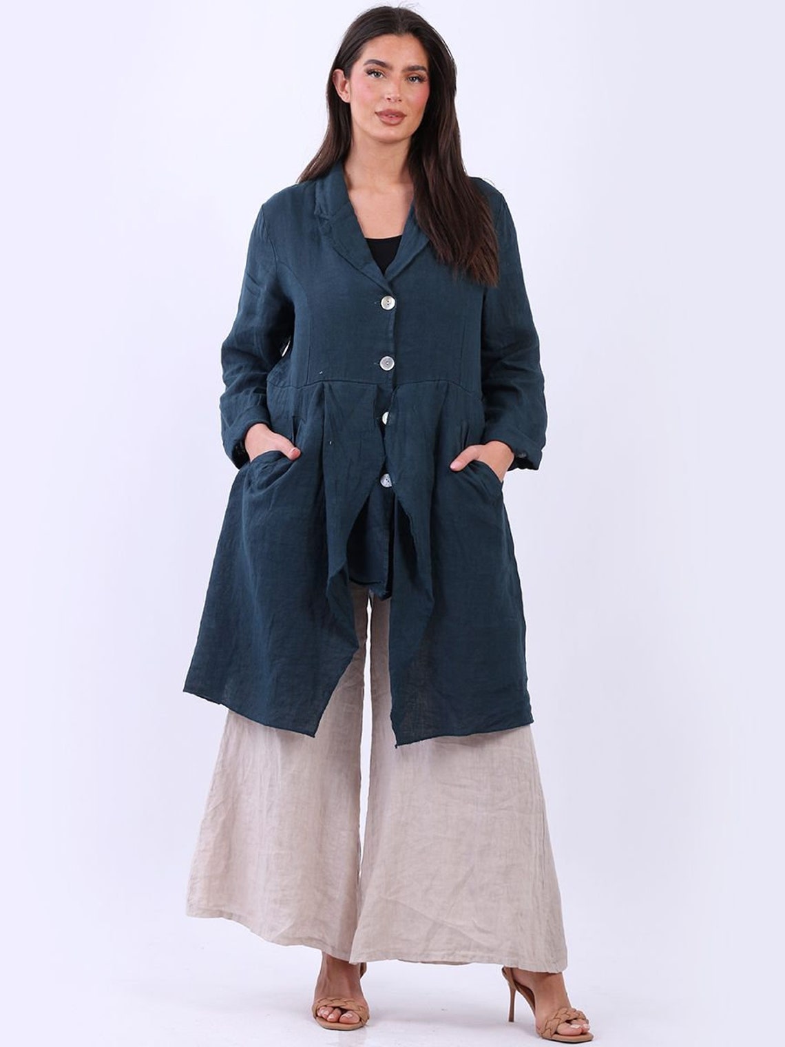 Plus Size Italian Linen Ruffle Long Jacket With Notch Lapel Collar ...