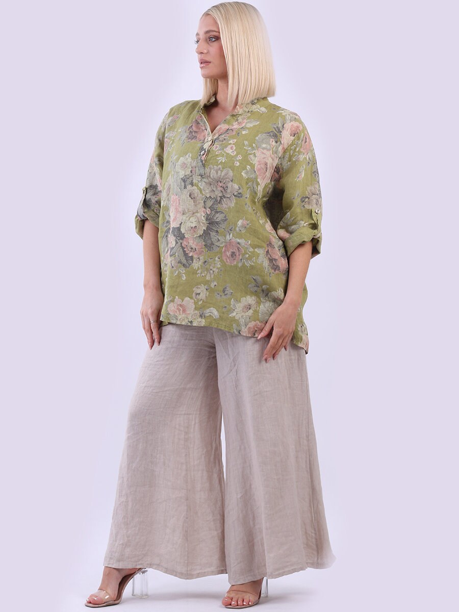 Floral Print Pure Linen Top With Mandarin Neck and Front Button ...