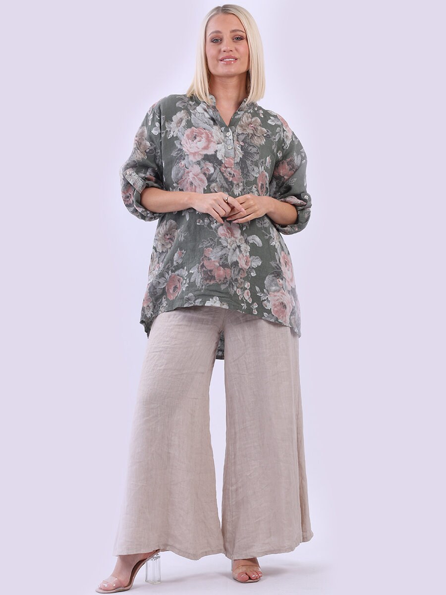 Floral Print Pure Linen Top With Mandarin Neck and Front Button ...