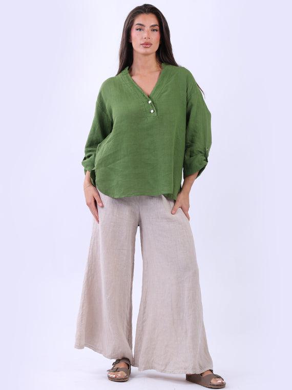 Ladies Plain Linen Baggy Fit Italian Top With Buttoned Plackets, One ...