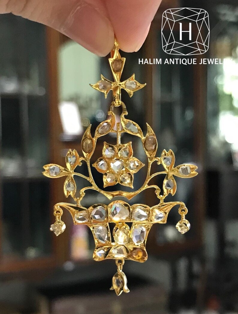 Antique Rose Cut Diamond Pendant With 18k Gold. - Etsy