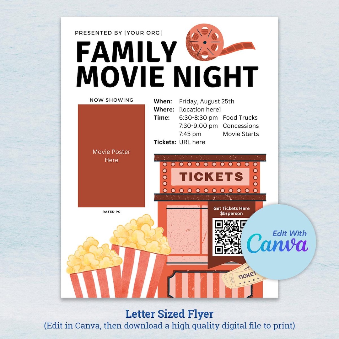 Family Movie Night Flyer, Great for Schools or Groups. Letter Size, Can ...