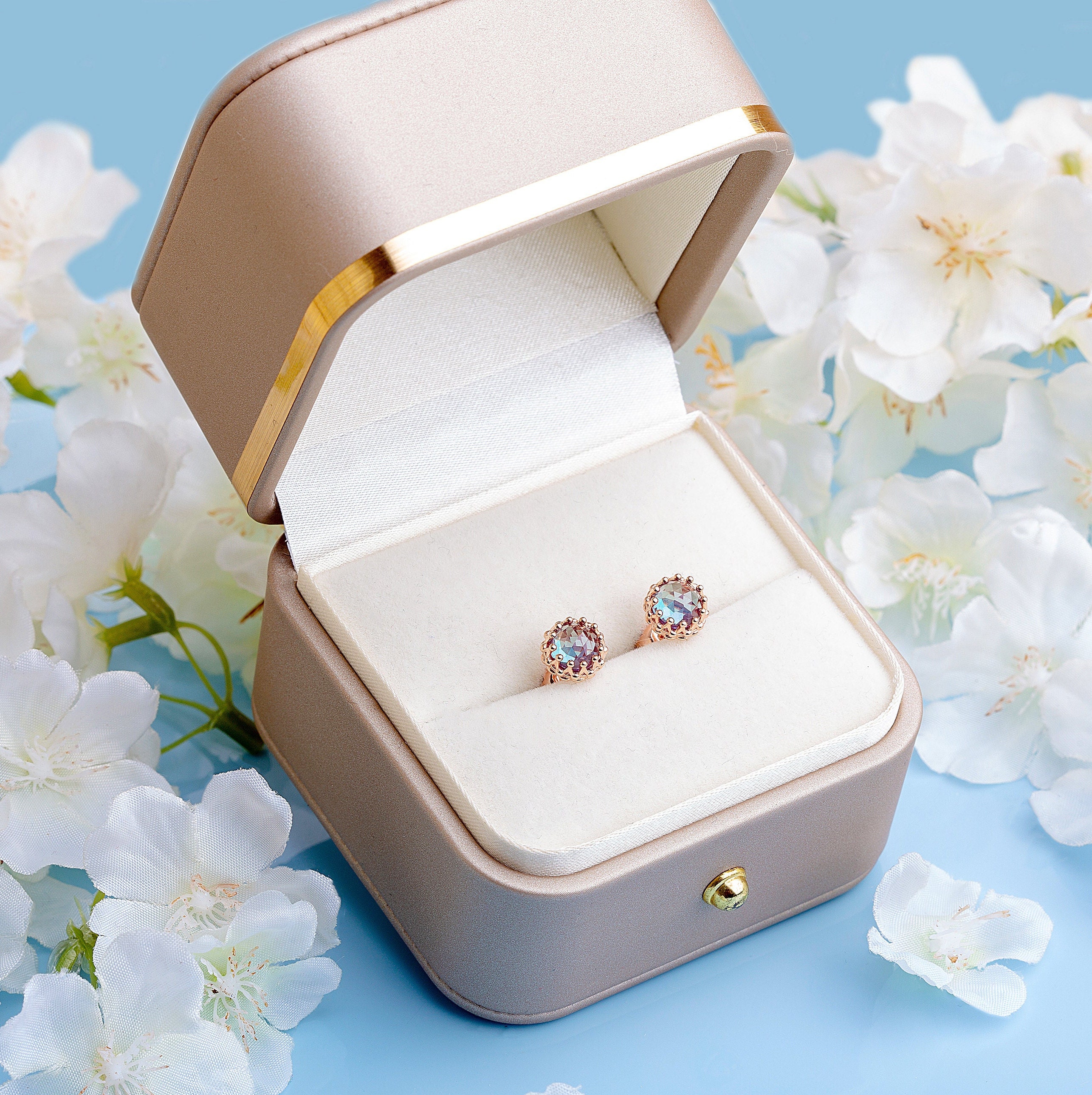 Vintage Alexandrite Rose Gold Stud Earrings, Crown Stud Earrings for ...