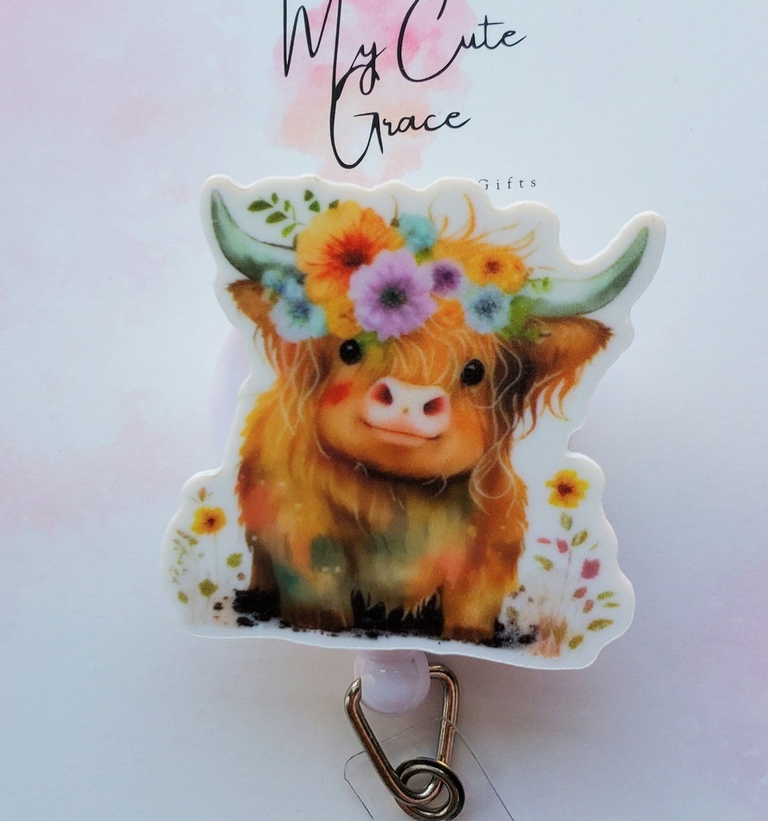 Highland Cow Badge Reel With Flowers - Etsy