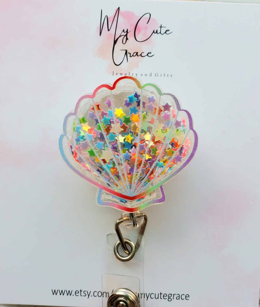 Mermaid Shell Retractable Badge Reel, Holographic Nurse ID Holder ...