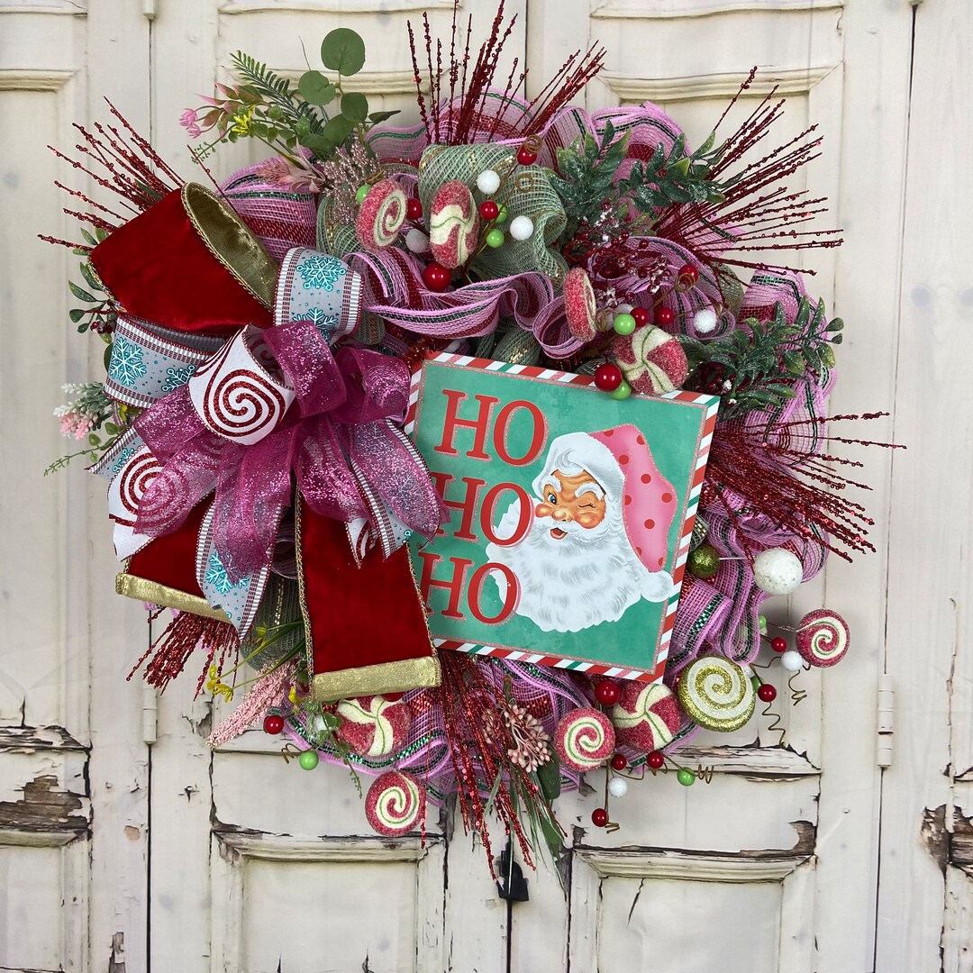 Large Vintage Santa Clause Deco Mesh Wreath for Front Door. Candy ...