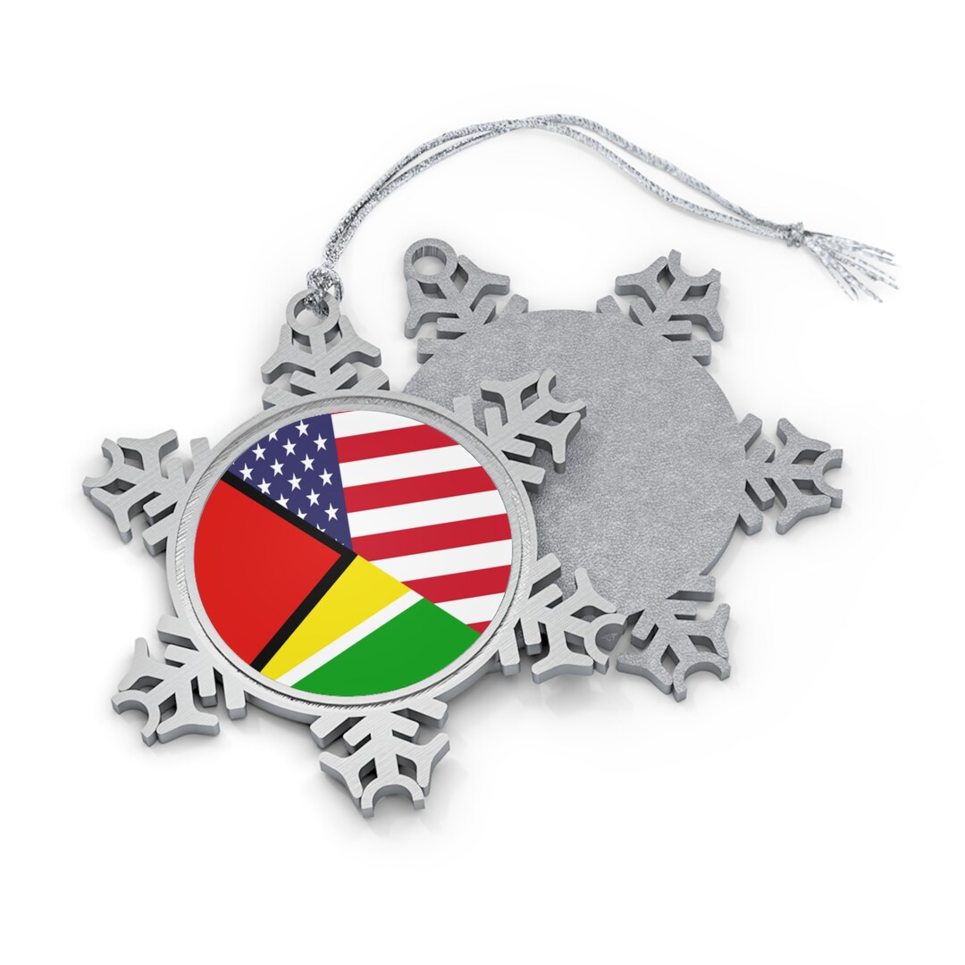 Guyana American Flag Half Guyanese USA Pewter Snowflake Ornament Gift ...