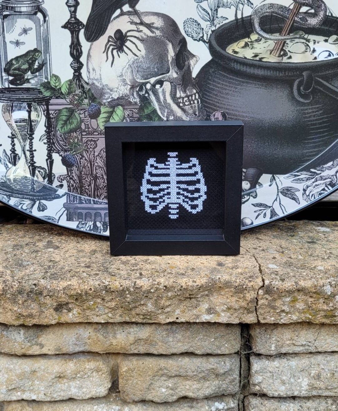 Rib Cage - Handmade Goth Cross Stitch, Framed Wall Decor, Bones, Spooky ...