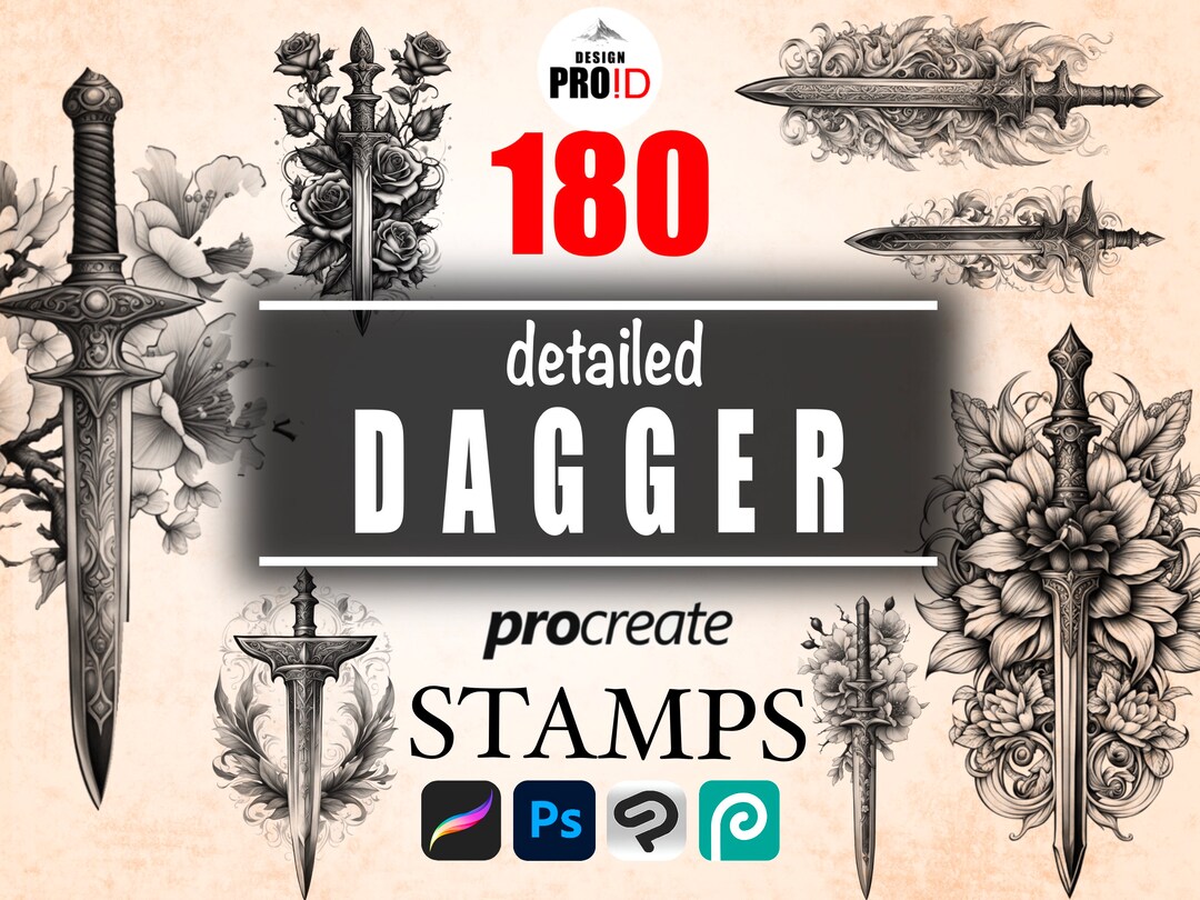 Traditional Procreate Stamp Set, Dagger Brush Stamps for Procreate, 180 ...