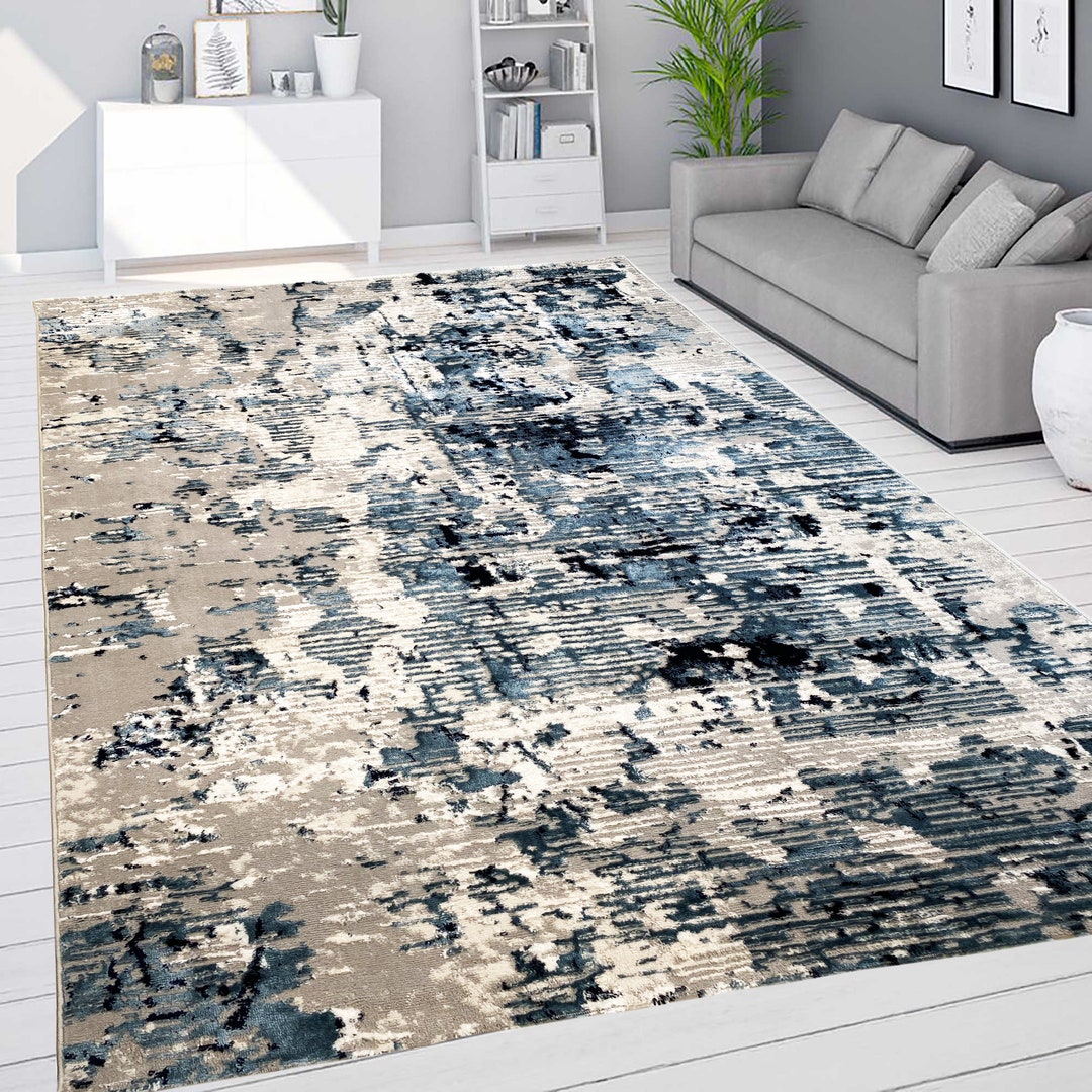 BLUE / GREY Modern Abstract Small Extra Large Floor Carpets Rugs Mats ...