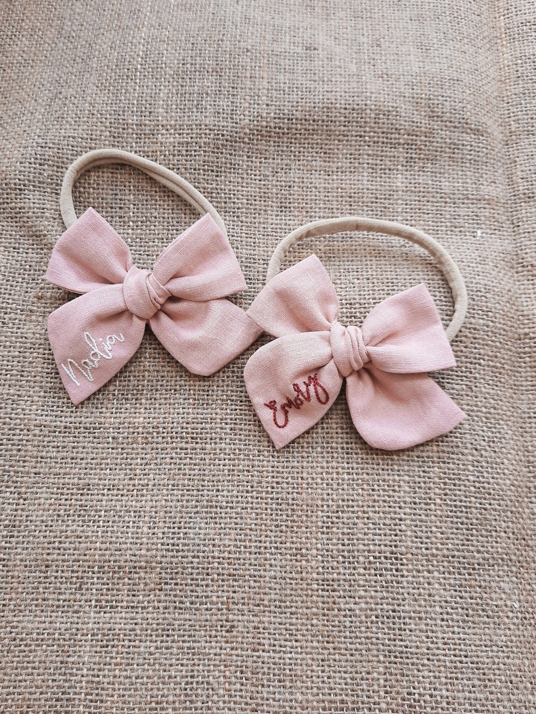 Blush Pink Bow,custom Name Hand Embroidered Baby Bow, Personalized Name ...