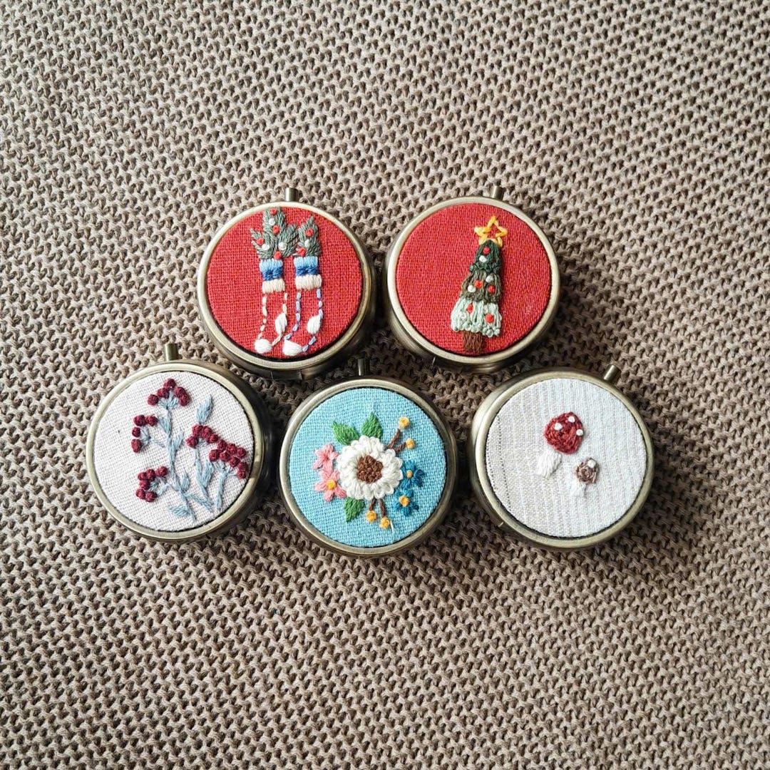 Hand-embroidered Floral Pill Box: Linen Travel Medicine Holder ...