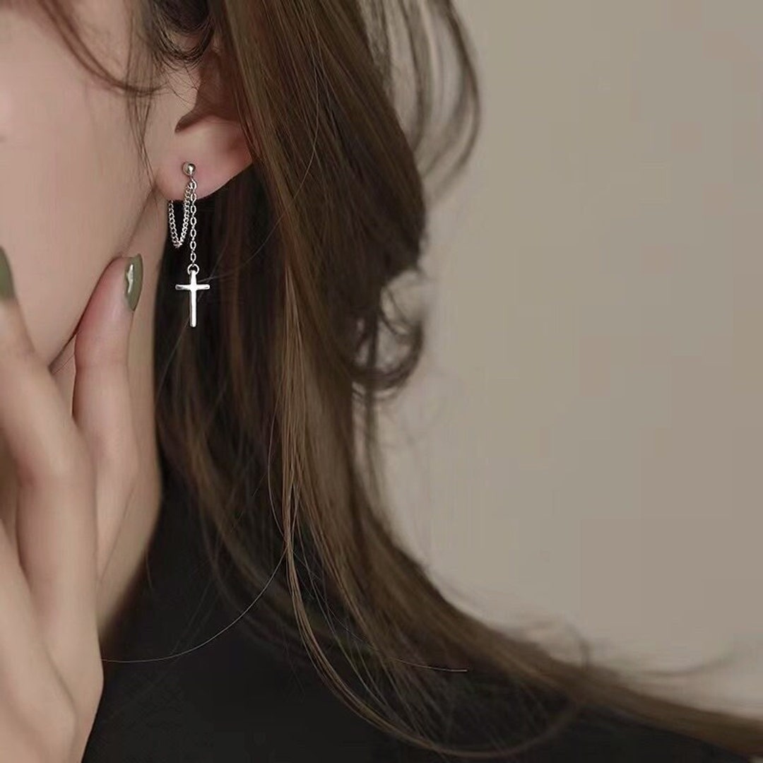 Cross Dangle Earrings Chain Dangle Earrings Double Chain Earrings Chain ...