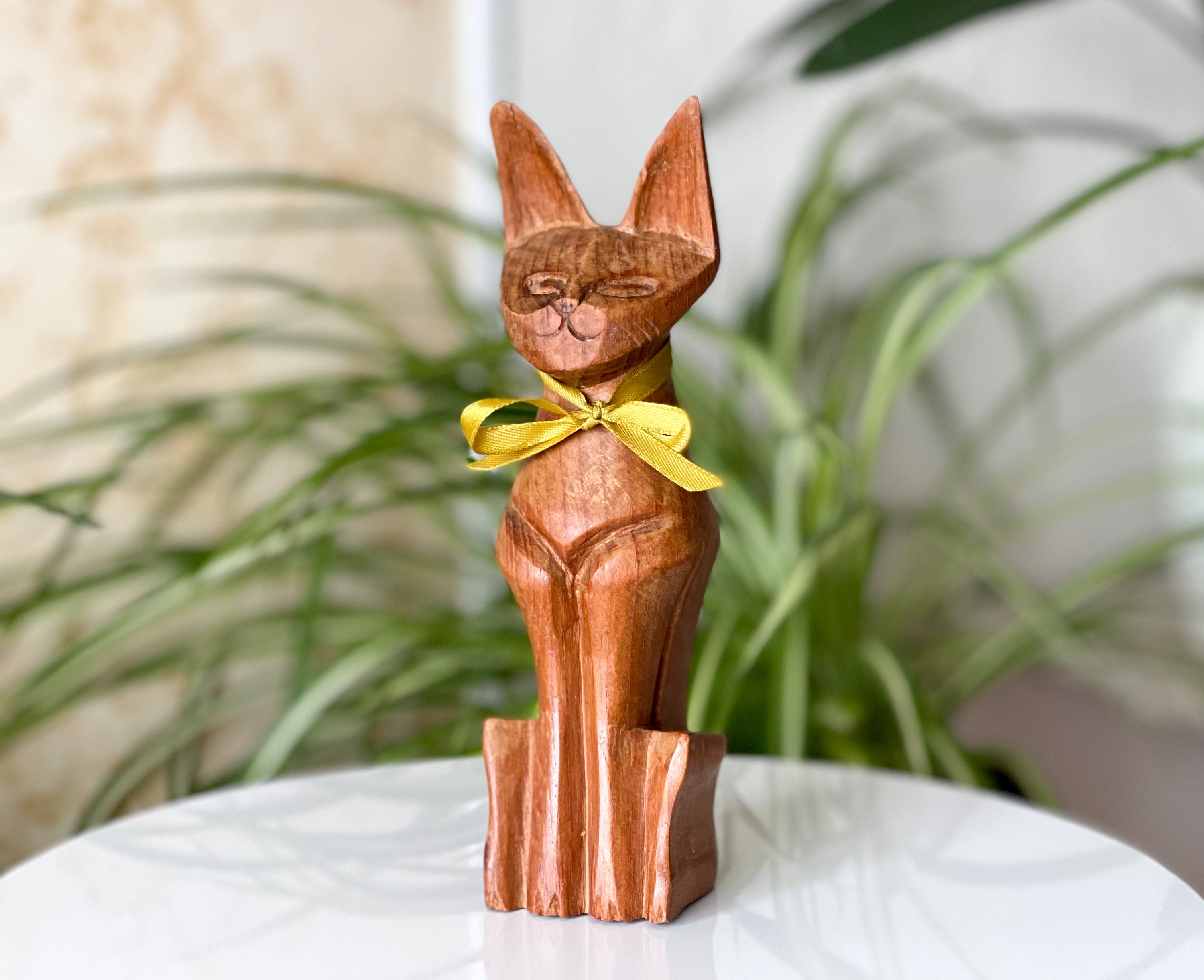 The Cat Figurine is Carved From Wood. Vintage Wooden Cat With Ribbon ...