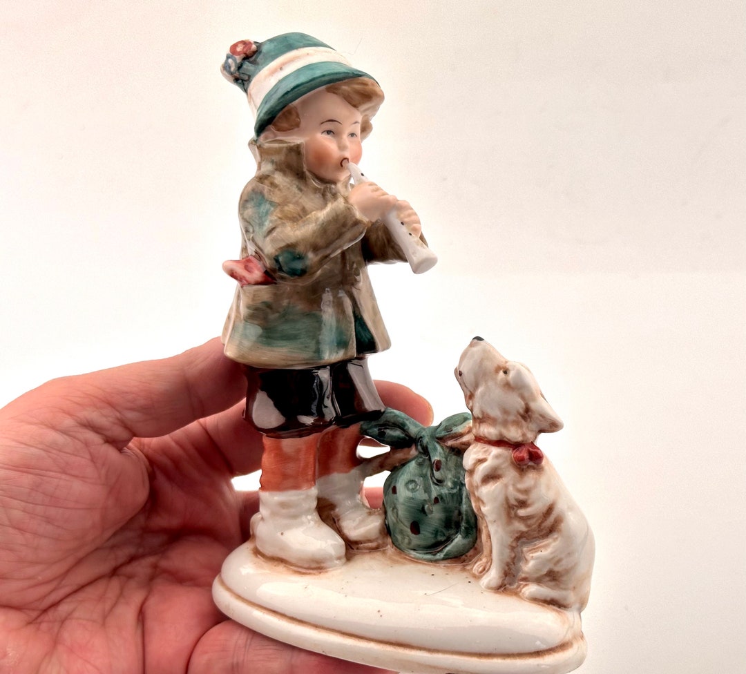 Boy Figurine With a Pipe and Puppy, Vintage Porcelain Boy and Dog ...