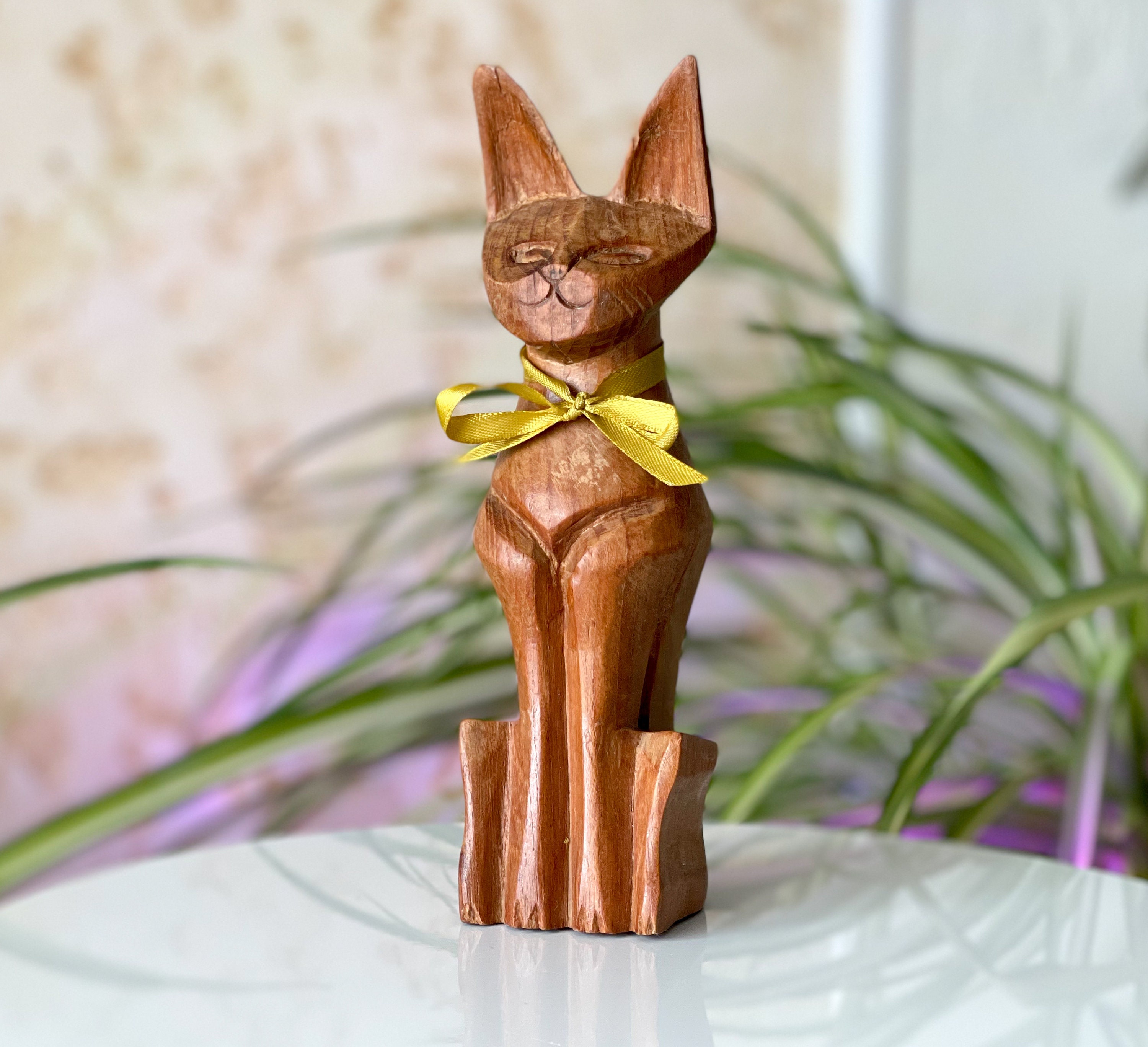 The Cat Figurine is Carved From Wood. Vintage Wooden Cat With Ribbon ...