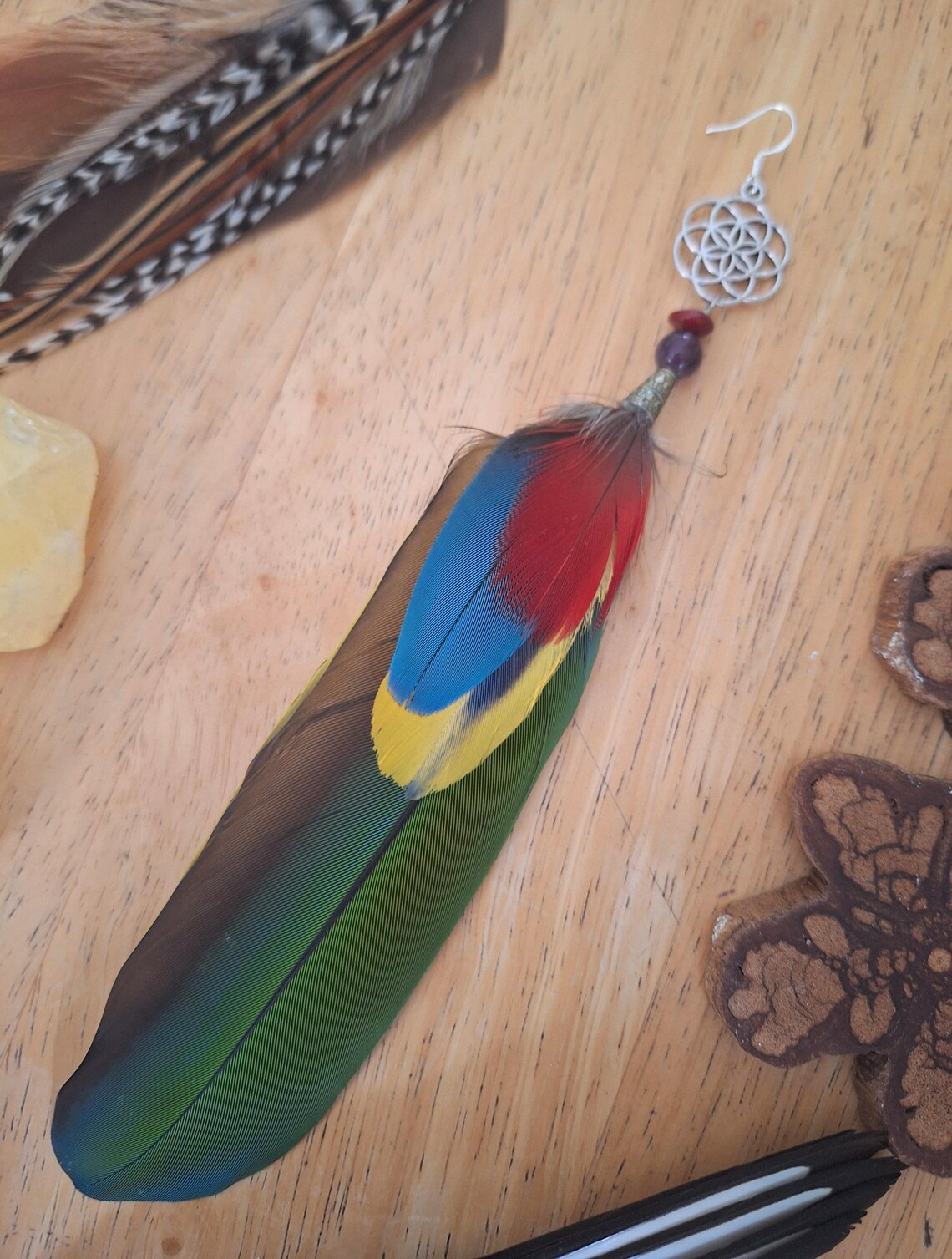 Single Feather Earring ~ Macaw Feather ~ Parrot Feather ~ Seed of Life ...