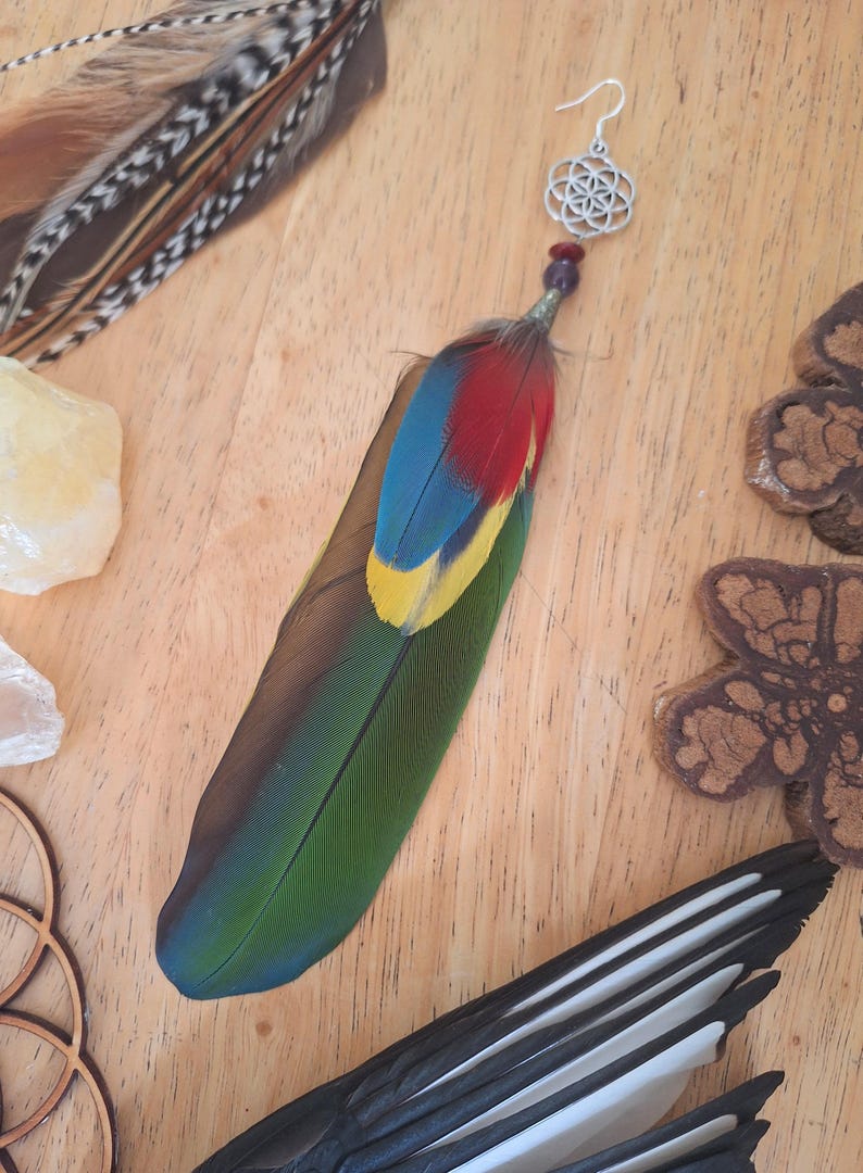 Single Feather Earring ~ Macaw Feather ~ Parrot Feather ~ Seed of Life ...