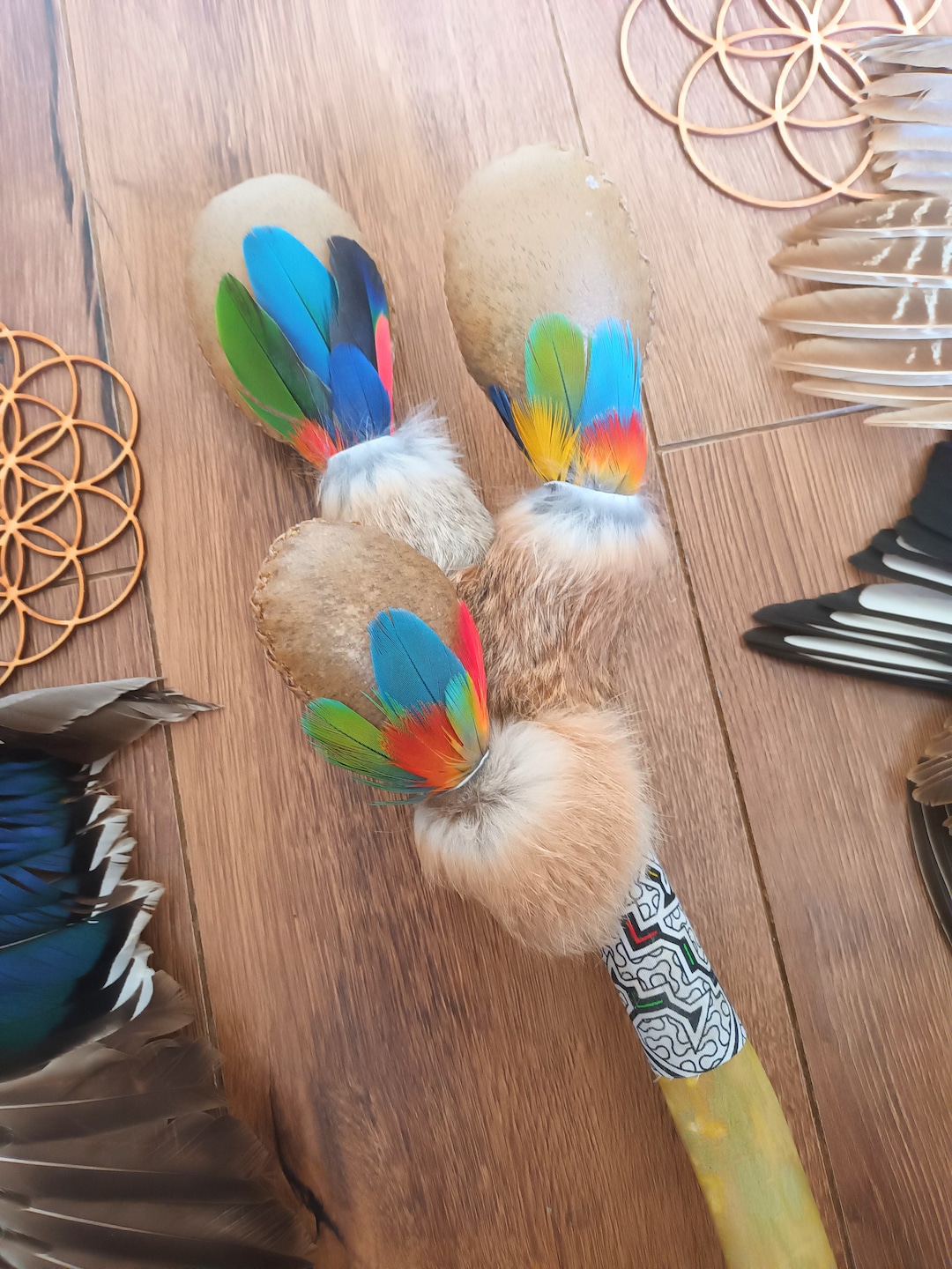 Ceremonial Rattle Deer Hide Rattle Shipibo Icaro 3 Head Rattle Shamanic ...