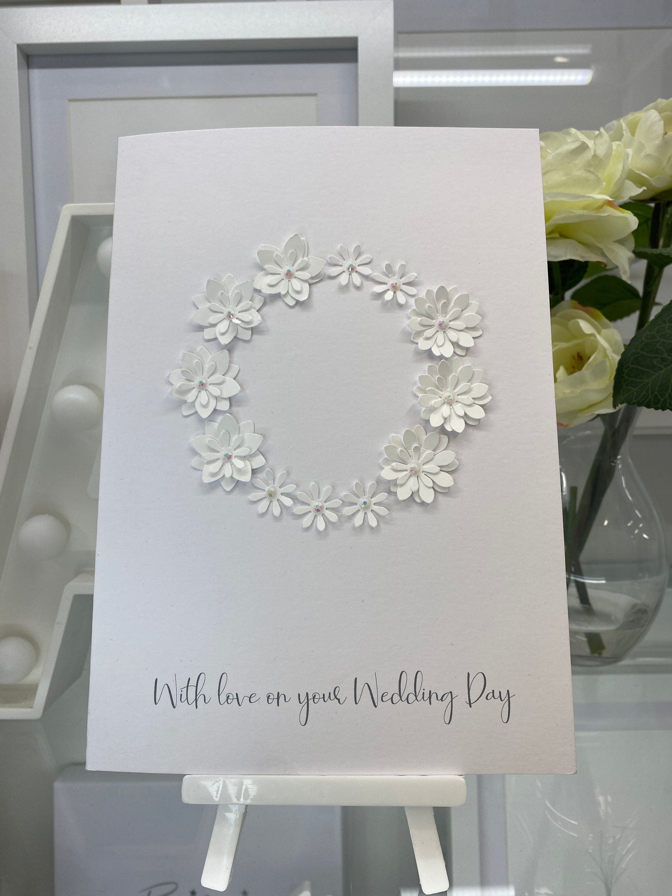Wedding Card, Simple Wedding Card, 3d White Paper Flowers and Gems ...