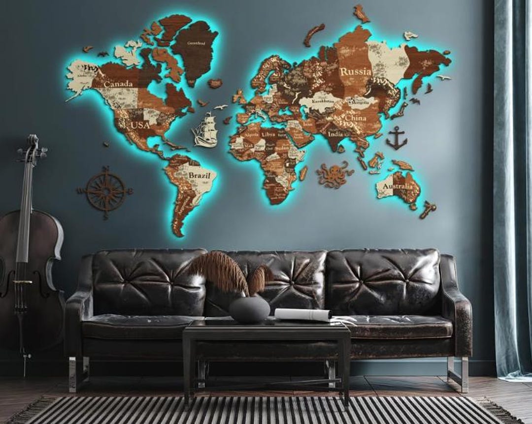 3D LED Weltkarte aus Holz Perfect World Walnuss & Rosenholz, Kork Weltkarte Wohnung Dekor ...