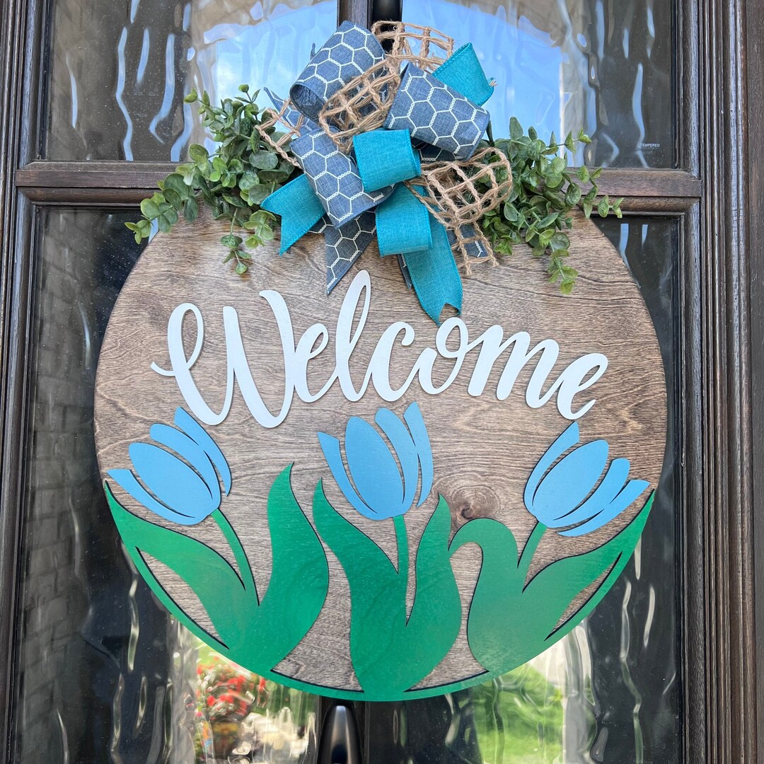 Spring Welcome Sign Tulips Front Door Decor Front Door Wreath Welcome ...