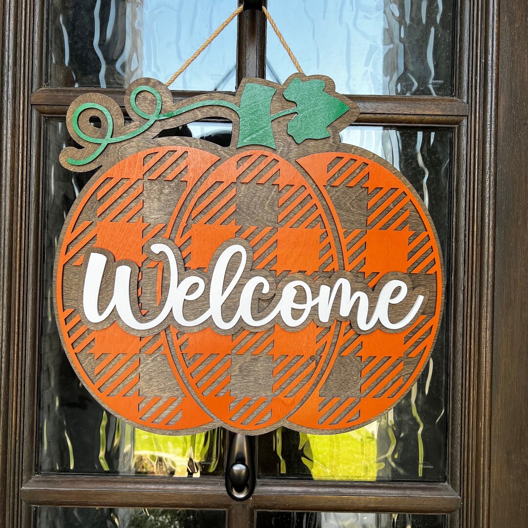 Fall Front Door Hanger Plaid Pumpkin Sign Pumpkin Door Hanger Front ...