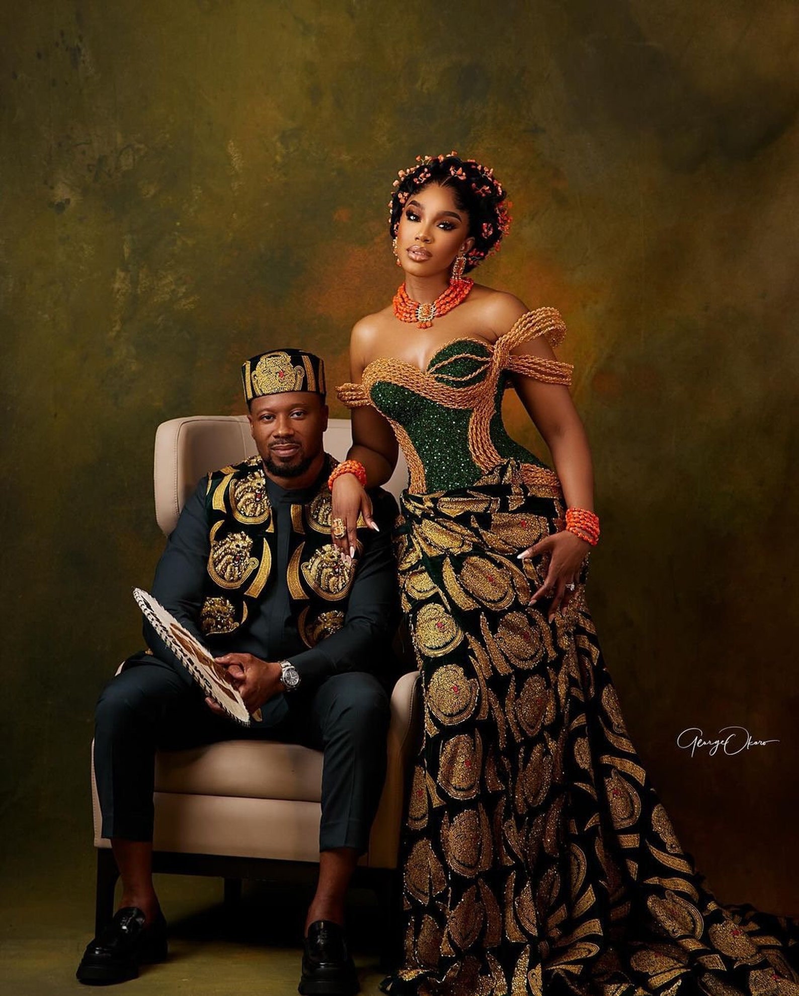 Luxury Igbo Couple Royalty Outfit, African Couple Isi Agu Wedding Outfit, Couple Matching ...