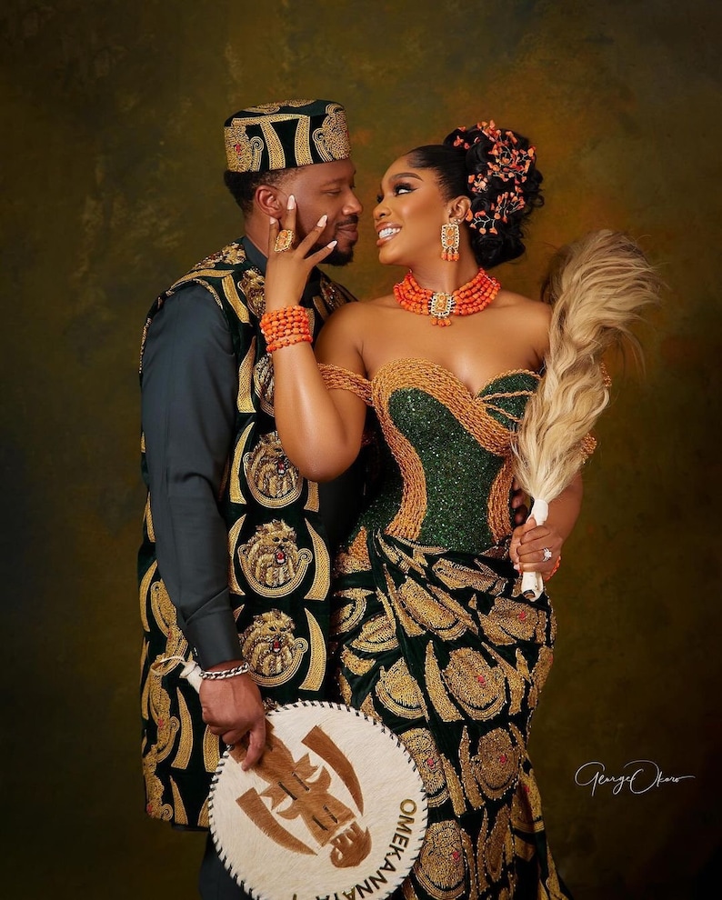 Luxury Igbo Couple Royalty Outfit, African Couple Isi Agu Wedding Outfit, Couple Matching ...