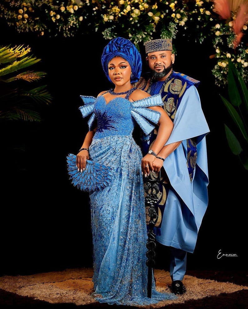 Luxury Igbo Couple Royalty Outfit, African Couple Isi Agu Wedding Outfit, Couple Matching ...
