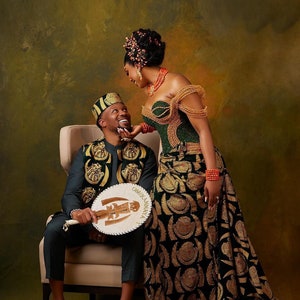 Luxury Igbo Couple Royalty Outfit, African Couple Isi Agu Wedding Outfit, Couple Matching ...