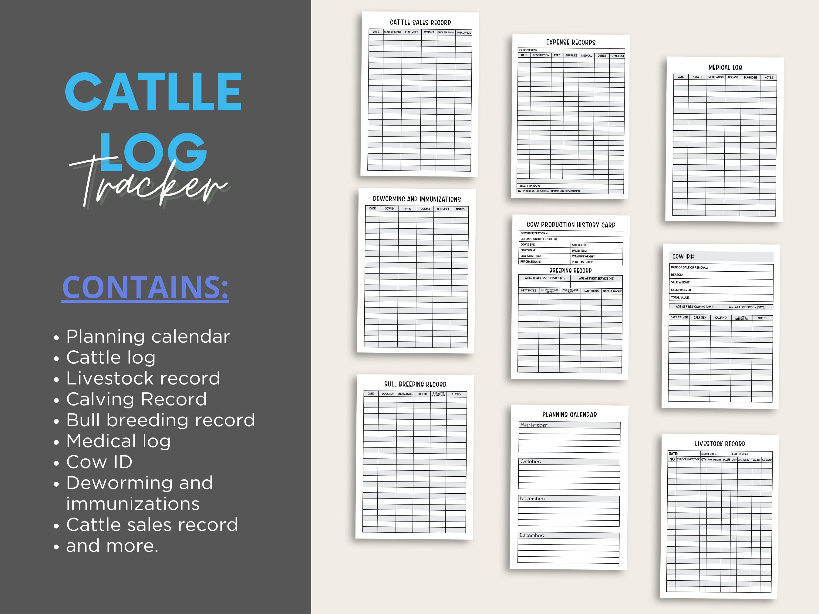 Cattle Log, Livestock Record, Calving Record, Bull Breeding Record ...