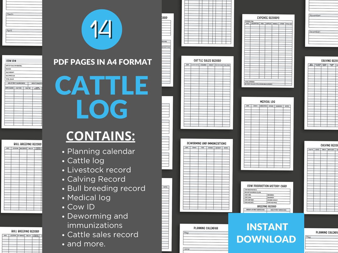 Cattle Log, Livestock Record, Calving Record, Bull Breeding Record ...