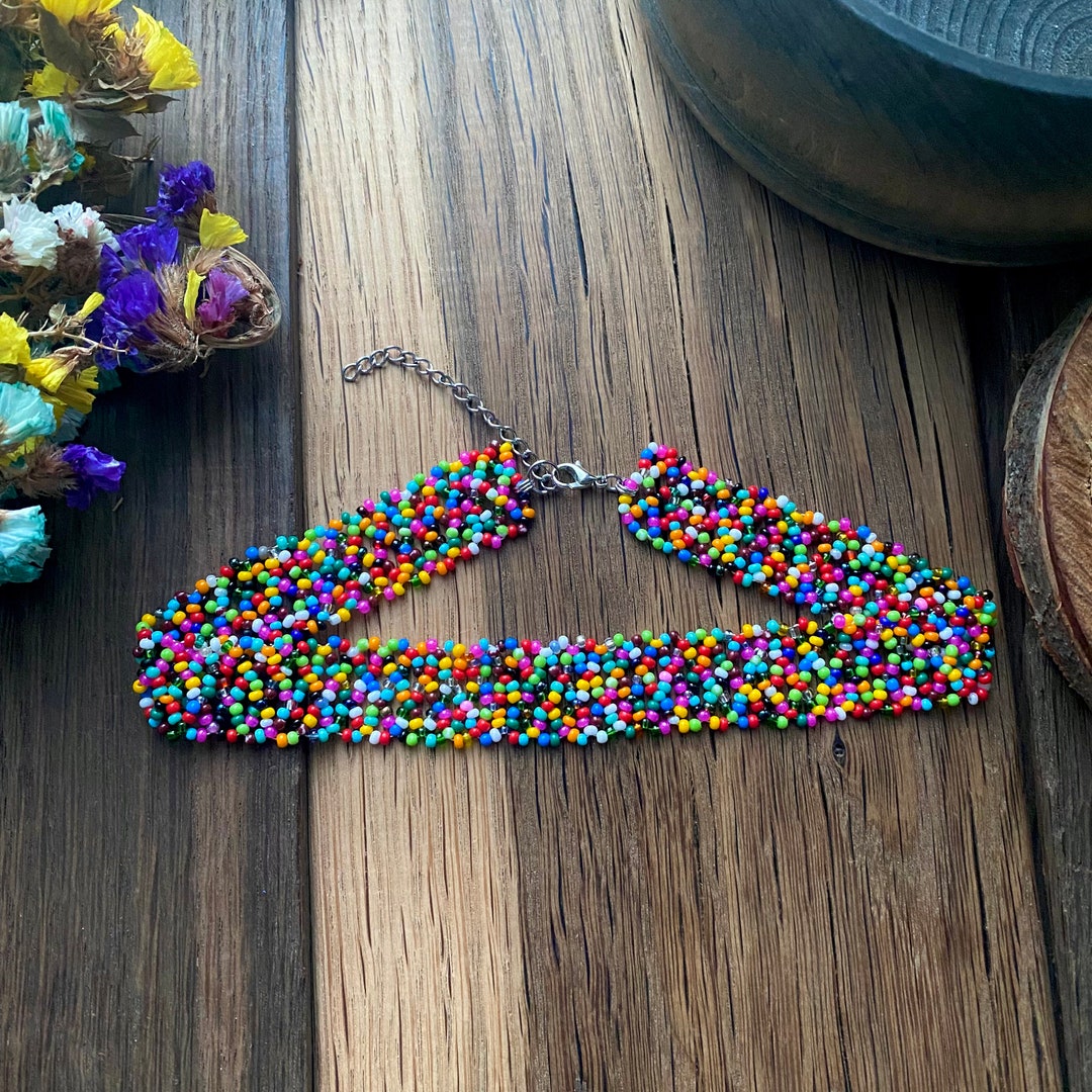Colorful Confetti Seed Bead Choker Necklace Plus Size, Wide Bright ...