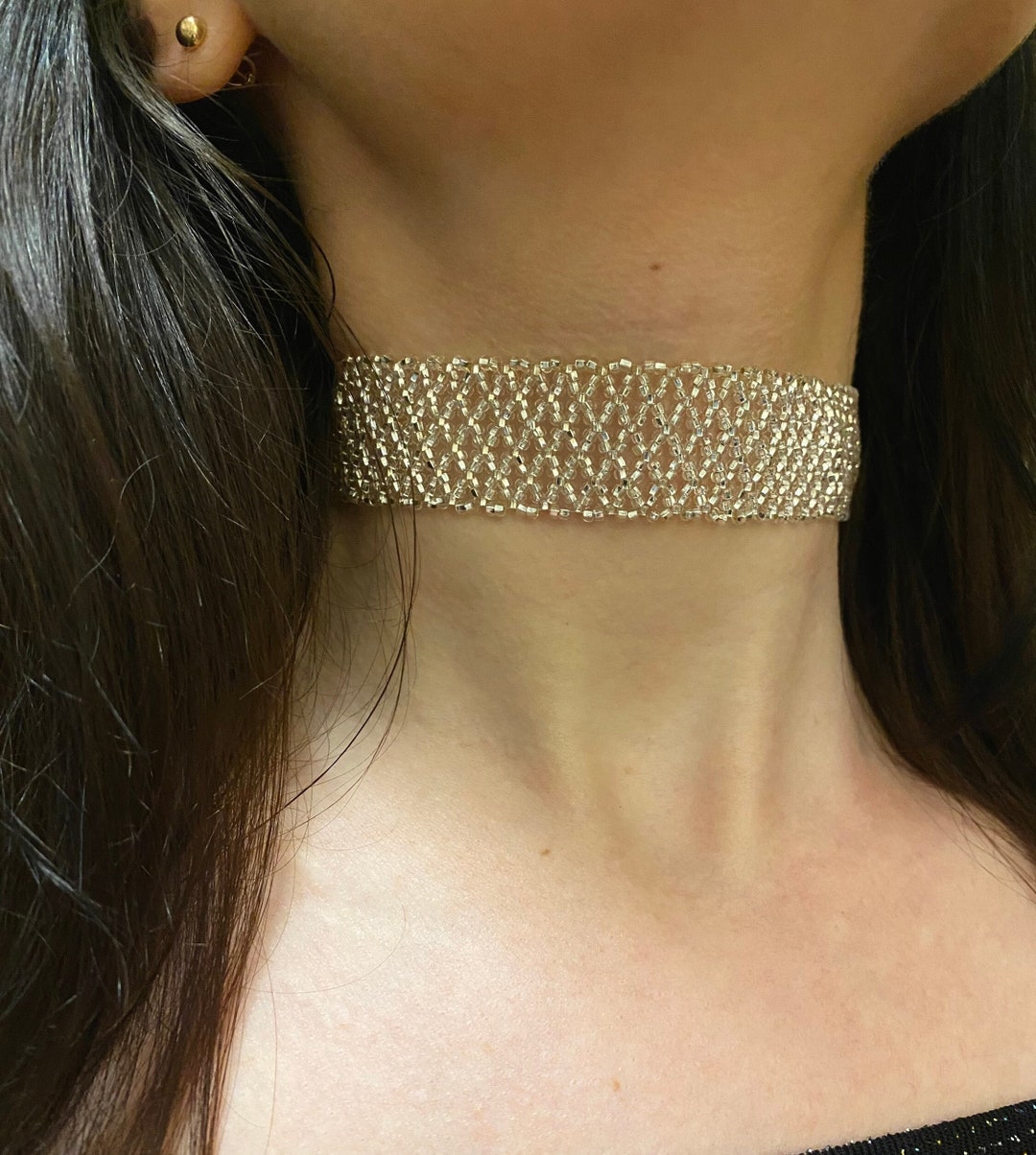 Wide Shiny Silver Seed Bead Choker Thick Statement Choker Necklace Boho ...