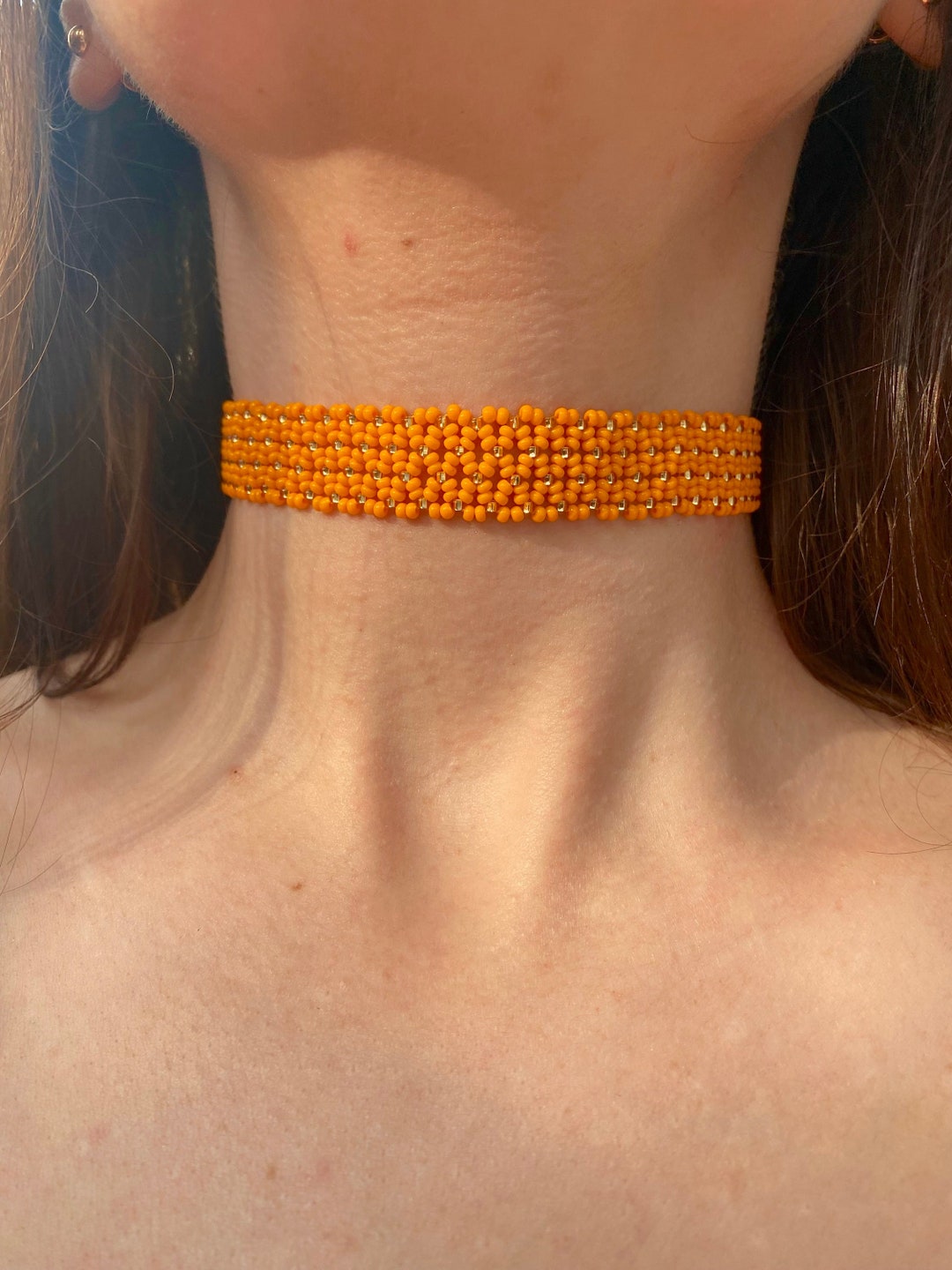 Orange Gold Seed Bead Wide Choker Collar, Unique Choker, Shiny Choker ...